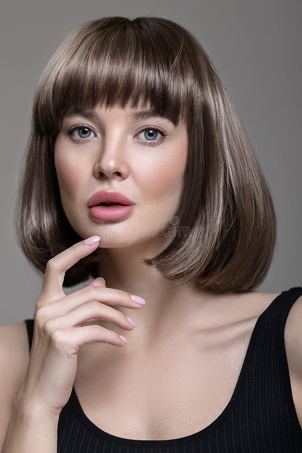 Portrait Of Beautiful Fashion Woman With Bob Hairstyle Thick Short Wig