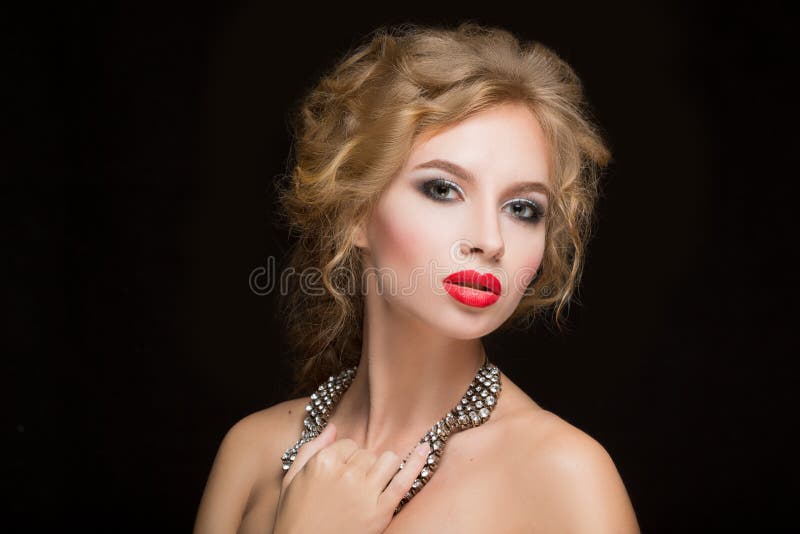 Portrait of Beautiful Female Model on Black Stock Image - Image of ...