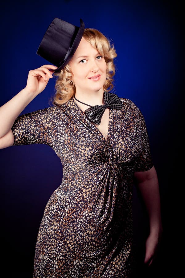 Beautiful Female Model Wearing Blue Dress on Dark Background Stock ...