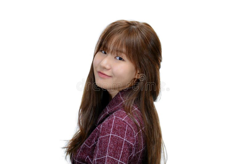 Portrait of Beautiful Female Model Turn Back and Smiling Over White ...