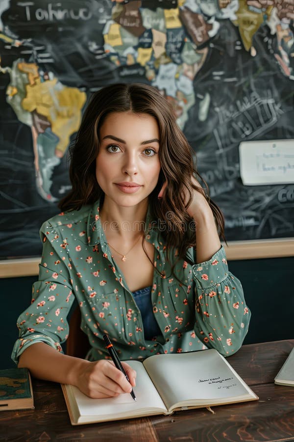 Portrait Of Beautiful Female Teacher Writing At Desk In Classroom Ai