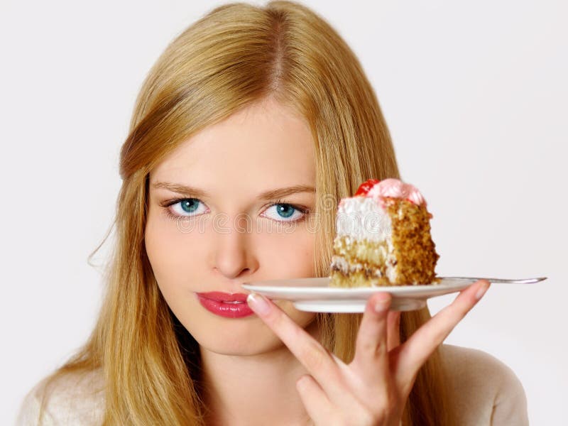 Portrait of Beautiful Girl with Cake Stock Image - Image of long, happy ...