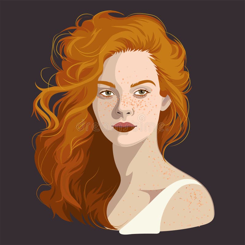 Portrait Of A Beautiful Girl With Freckles And Red Loose Hair Stock