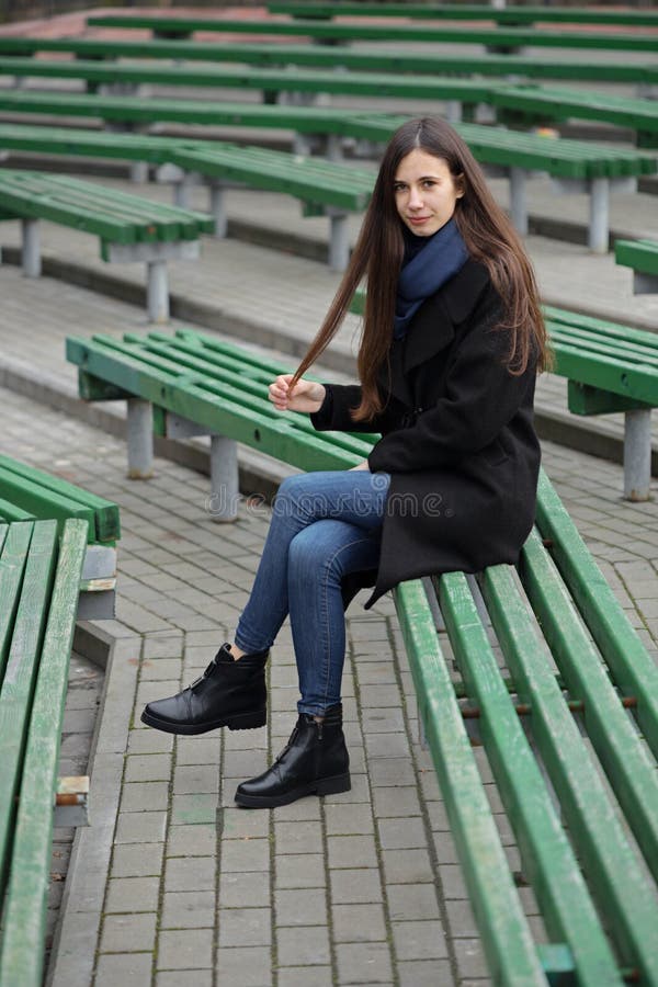 Portrait of a Beautiful Girl on a Green Bench Stock Photo - Image of ...
