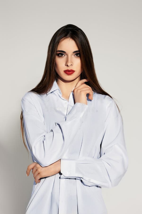 Portrait of Beautiful Girl in Oversized White Shirt Stock Photo - Image ...