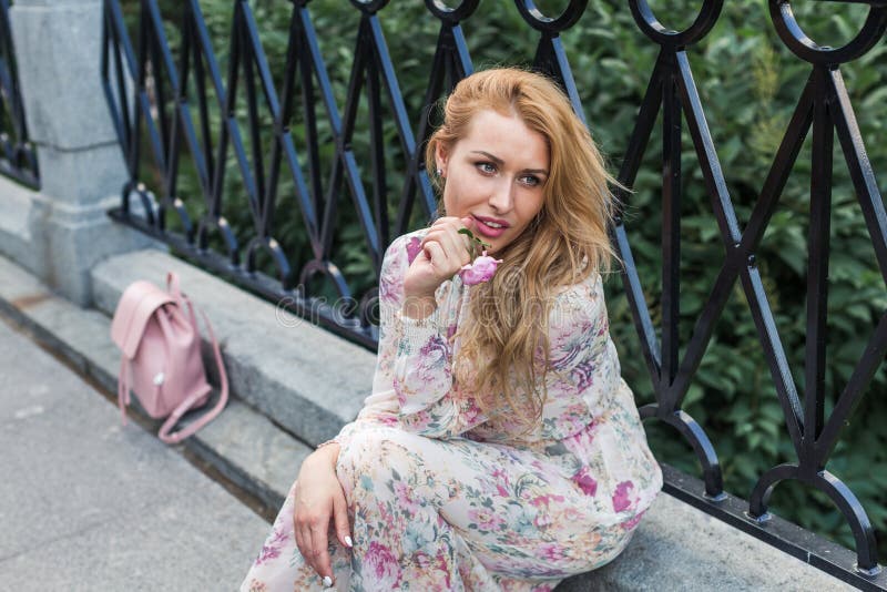 Portrait of Beautiful Girl with Pin Rose Stock Image - Image of grass ...