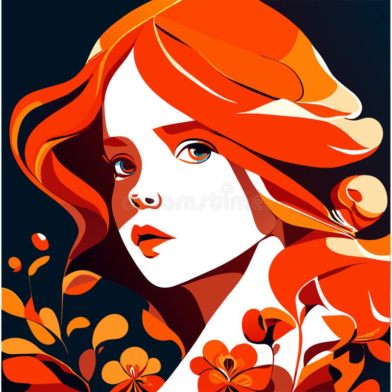 Portrait Of A Beautiful Girl With Red Hair Vector Illustration Stock