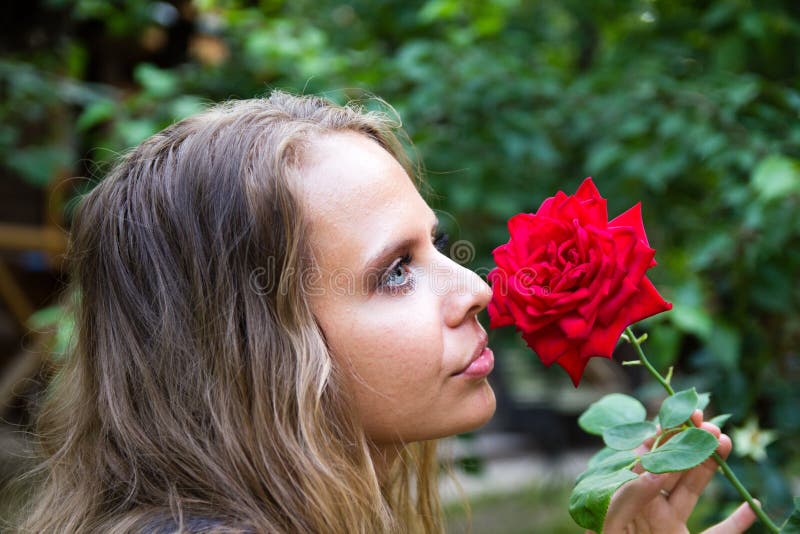 Portrait of a Beautiful Girl with a Red Rose Stock Photo - Image of ...