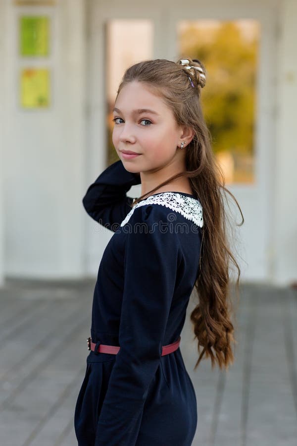 Portrait of a Beautiful Girl in a School Uniform before Class at Stock ...