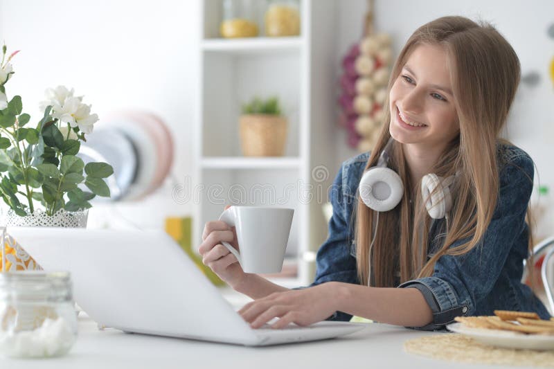 Portrait of Beautiful Girl Using Laptop at Home Stock Photo - Image of ...