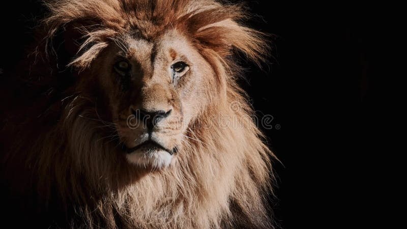 Portrait of a Beautiful Lion, Lion in Dark. Slow Motion Video Stock ...