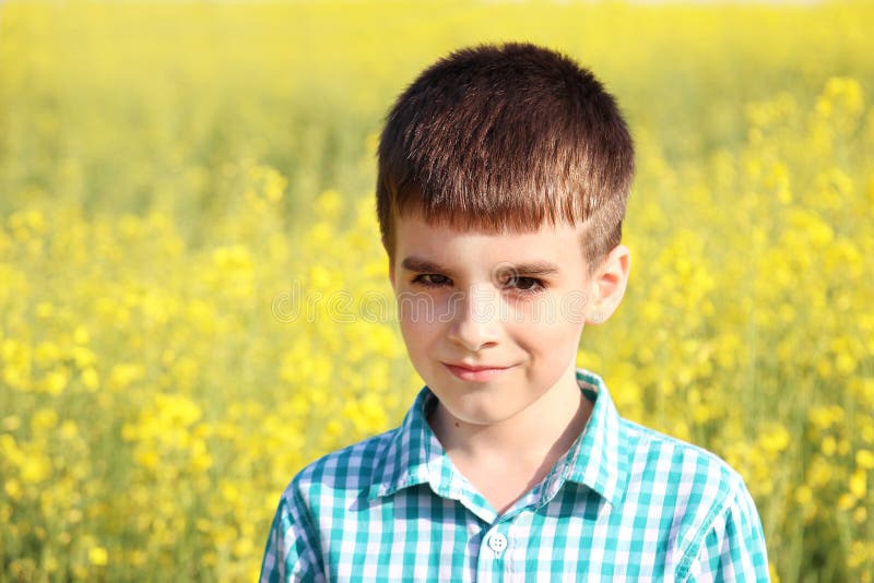 Portrait, of Beautiful Little Boy in the Yellow Field Stock Image ...