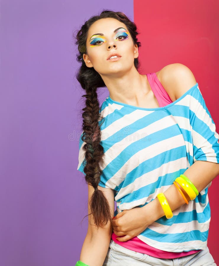 Portrait of a Beautiful Model with Creative Dynamic Multicolor M Stock ...