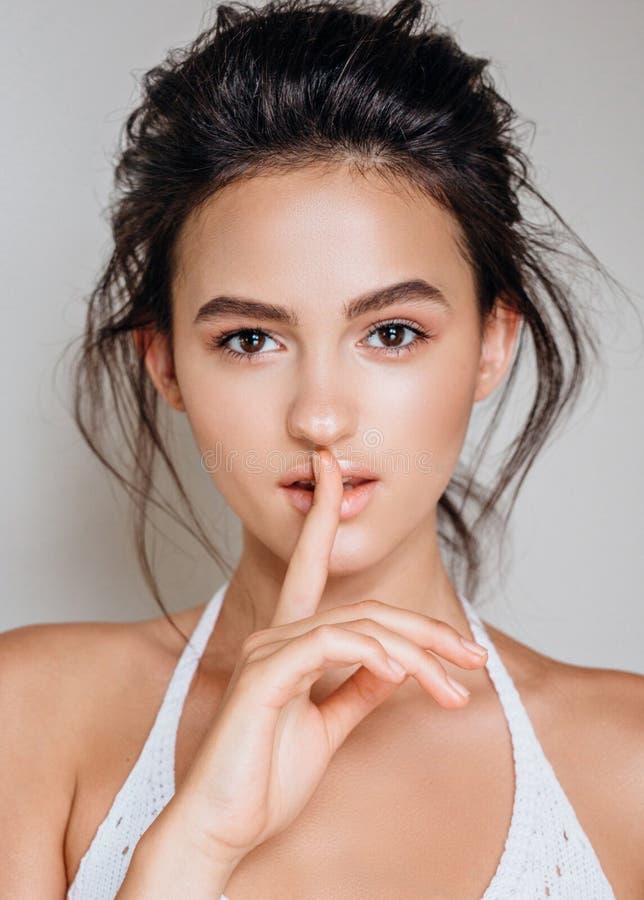Portrait of Beautiful Model on a Grey Background in the Studio Stock ...