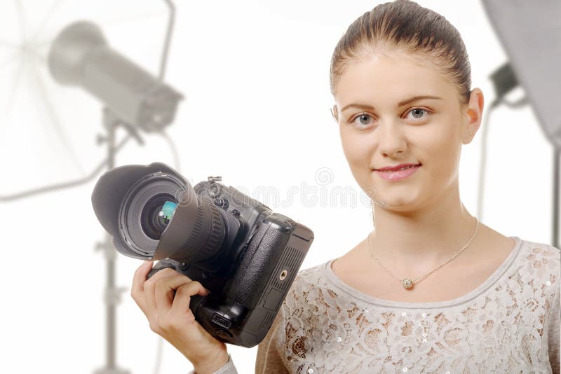 Portrait of Beautiful Photographer Smiling with Digital Camera I Stock ...