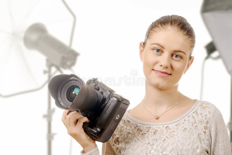Portrait of Beautiful Photographer Smiling with Digital Camera I Stock ...