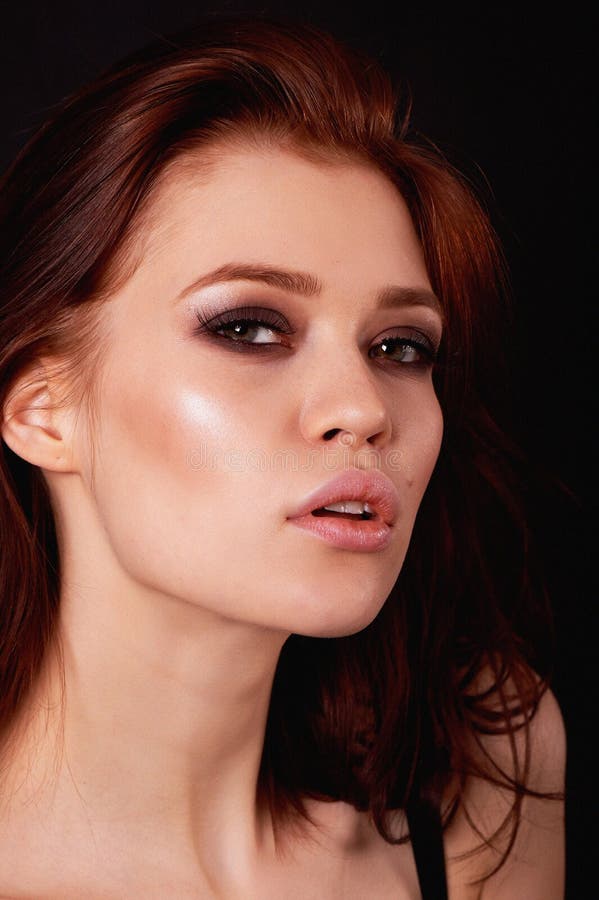 Portrait Of A Beautiful Red Haired Girl Close Plump Lips Stock Image
