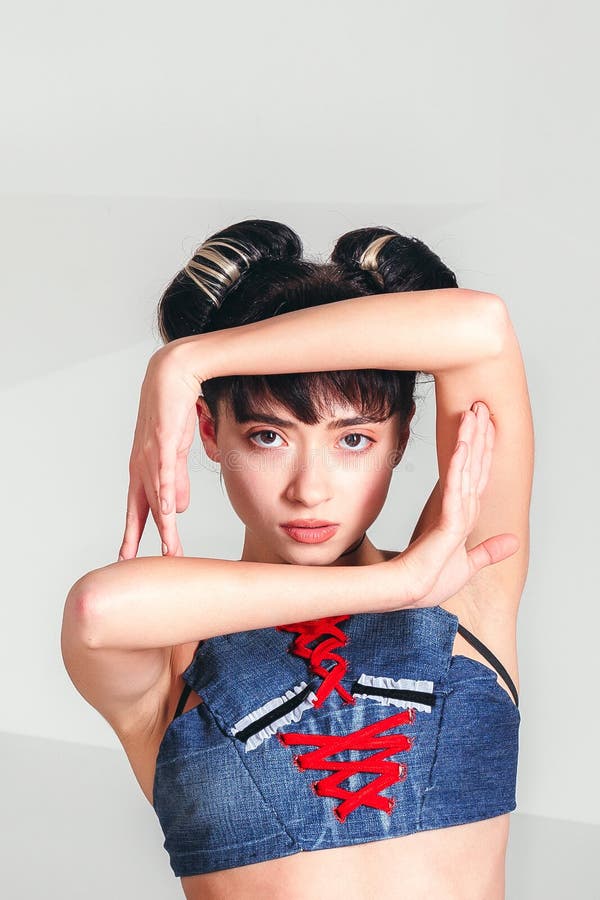 Portrait of Beautiful Slim Woman Model Dancer in Jeans and Denim Stock ...