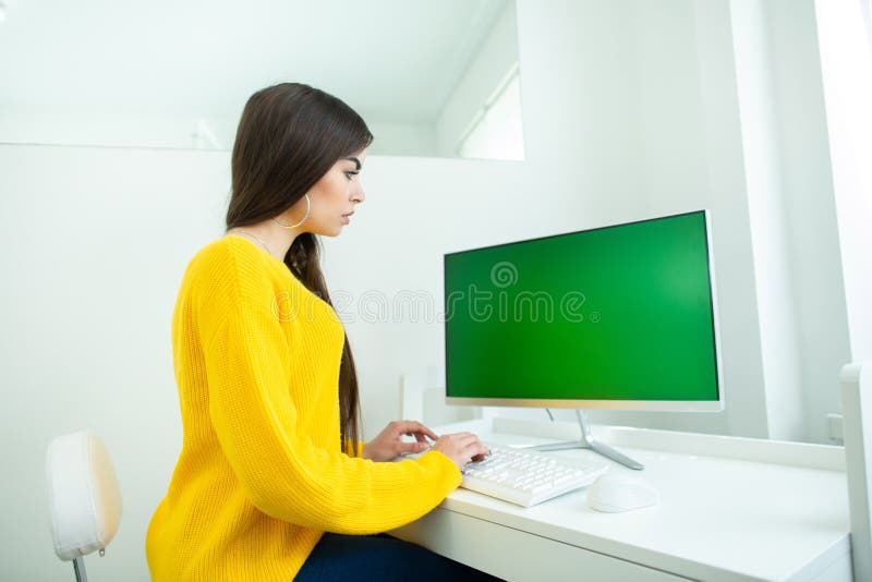 Portrait of a Beautiful Smiling Woman, Working at the Computer with ...