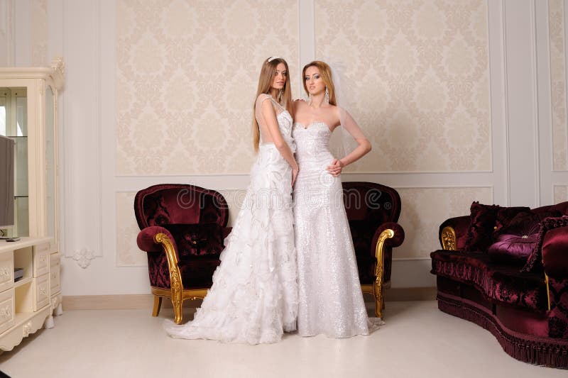 Portrait of Beautiful Two Brides Stock Photo - Image of desire, makeup ...