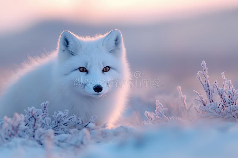Portrait of a Beautiful White Fox in the Snow. Dawn Stock Illustration ...