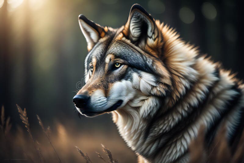 Portrait of a Beautiful Wolf in the Forest at Sunset. Portrait of a ...