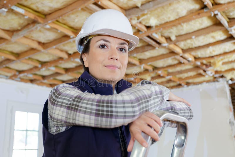 Portrait Beautiful Woman Builder Working Indoors Stock Photo - Image of ...