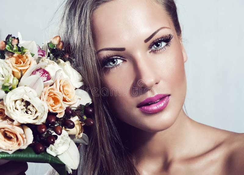 Portrait of a Beautiful Woman with Flowers. Stock Image - Image of ...