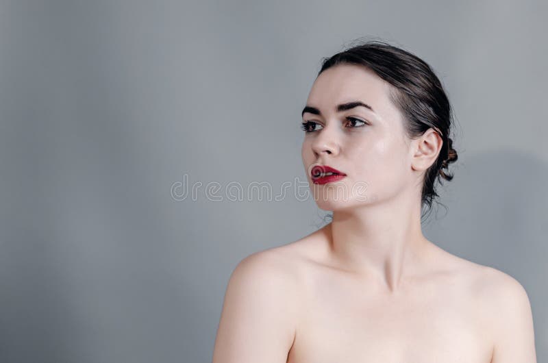 Portrait Of A Beautiful Woman Head Is Turned To The Side Naked Bust