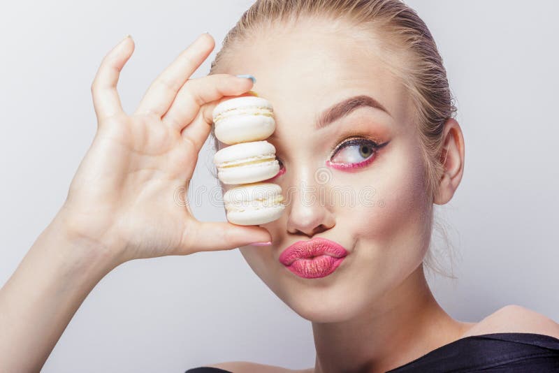 Portrait of Beautiful Woman with Macarons Stock Photo - Image of studio ...