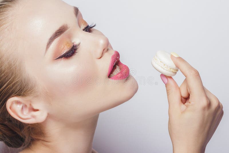 Portrait of Beautiful Woman with Macarons Stock Photo - Image of studio ...
