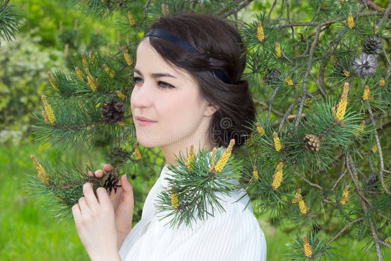 Portrait of Beautiful Woman Near Pine Tree Stock Image - Image of ...
