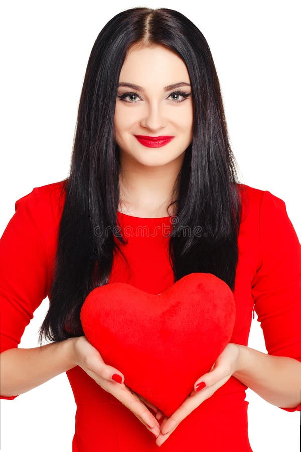 Portrait Of A Beautiful Woman With Red Heart In Hands Stock Image