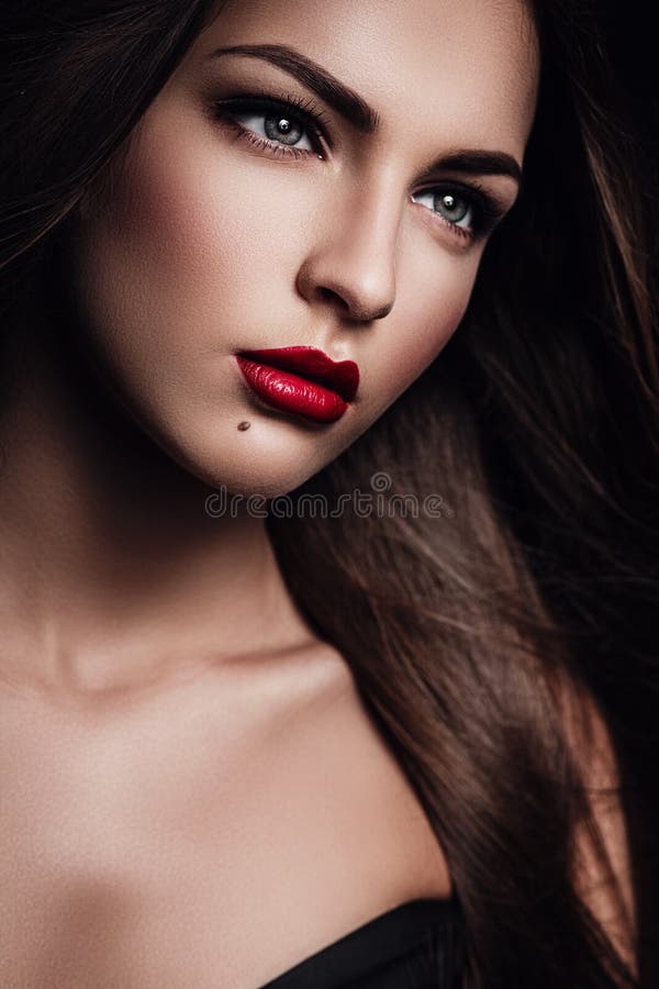 Portrait of Beautiful Woman with Red Lips Stock Image - Image of ...
