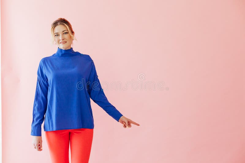 Portrait of a Beautiful Woman Shows the Direction of Her Hand Stock ...