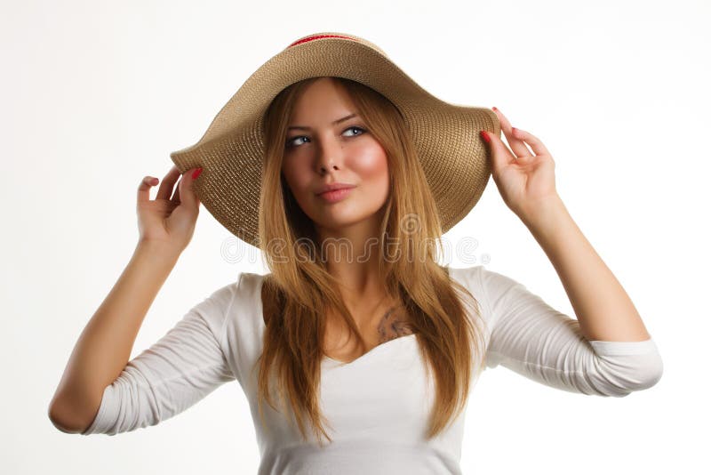 Portrait Of Beautiful Woman With Straw Hat Stock Image Image Of