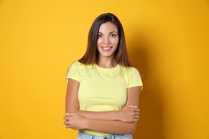 Portrait of Beautiful Woman on Yellow Background Stock Photo - Image of ...