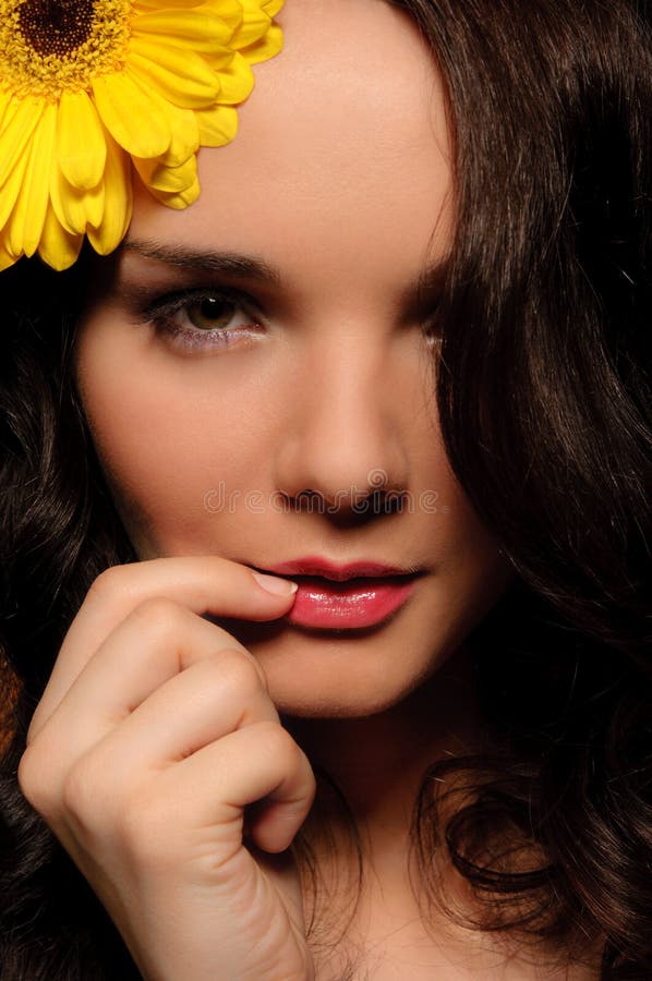 Portrait of Beautiful Woman with Yellow Flowe Stock Image - Image of ...