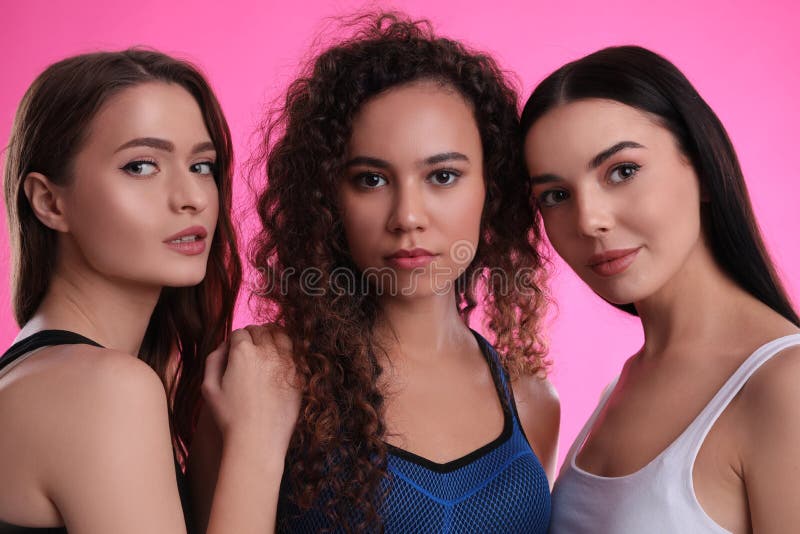 Portrait of Beautiful Women on Pink Background Stock Photo - Image of ...