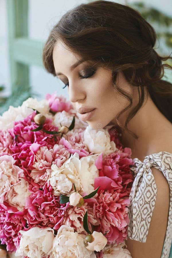 Beautiful And Young Brunette Model Woman With Big Lips And Closed Eyes