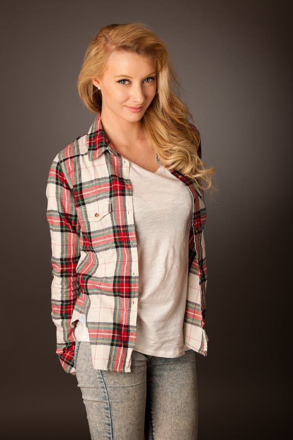 Portrait Of Beautiful Young Caucasian Blonde Woman In Casual Con Stock