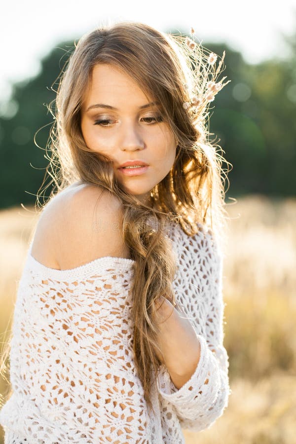 Portrait of a Beautiful Young Lady Model in Field Stock Photo - Image ...