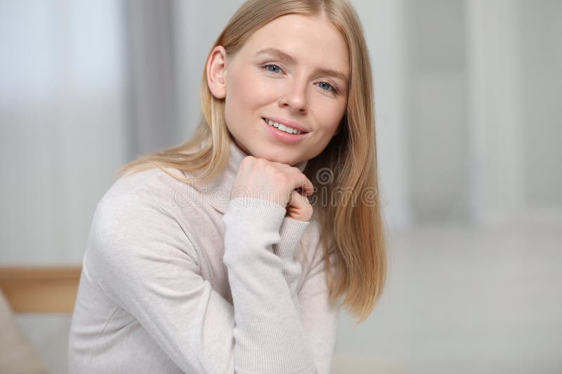 Portrait of Beautiful Young Woman at Home Stock Image - Image of face ...