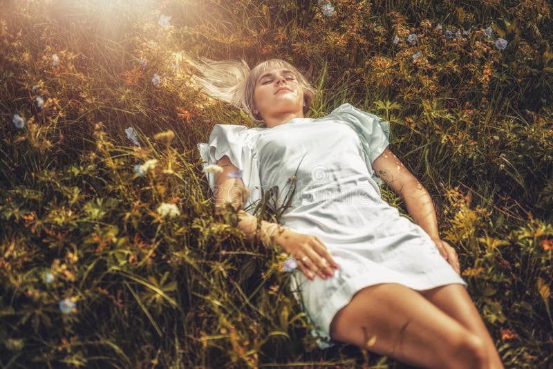 Portrait of a Beautiful Young Woman on Meadow. Stock Photo - Image of ...