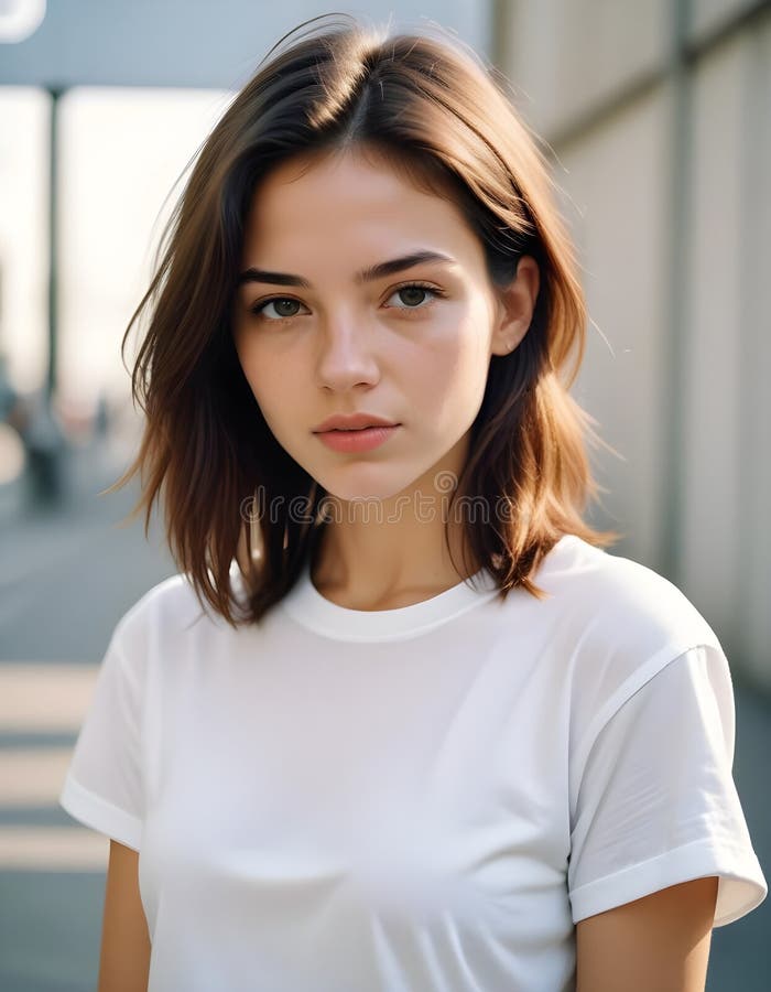 Portrait Of A Beautiful Young Woman In White T Shirt Stock Illustration