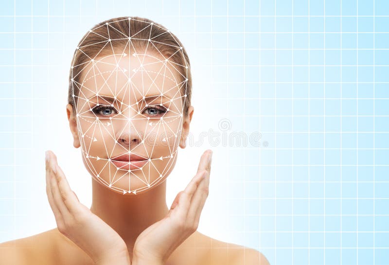 Portrait of Beautifyl Woman with a Scanning Grid. Face Id, Security ... Portrait of Beautifyl Woman with a Scanning Grid. Face Id, Security ...