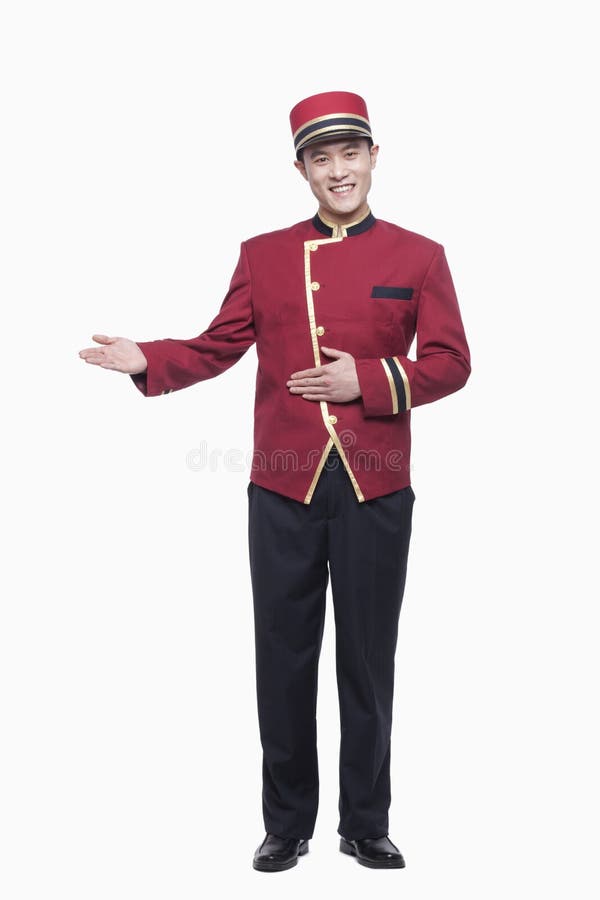 Portrait of Bellhop, Greeting, Studio Shot Stock Photo - Image of adult ...
