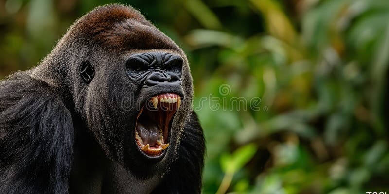 Portrait of Big Angry Gorilla Screaming, Copy Space Over Jungle Forest ...