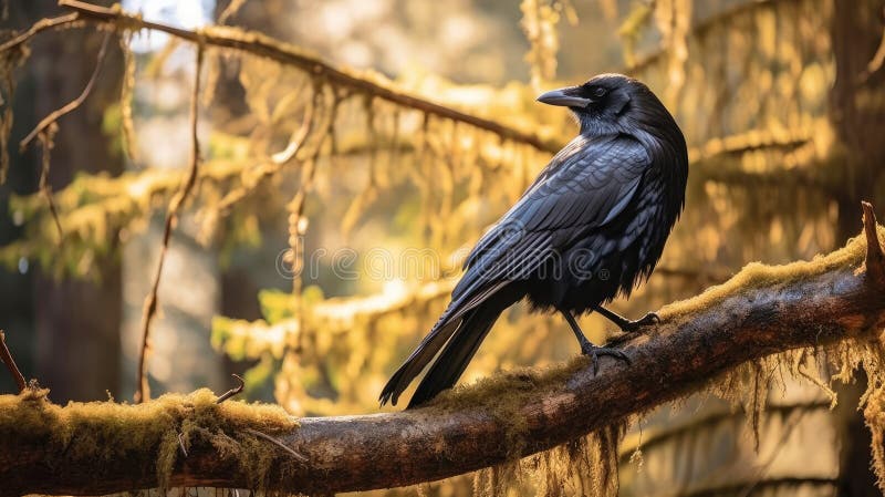 Portrait of a Black Crow on a Branch in the Forest. AI Generated. Stock ...