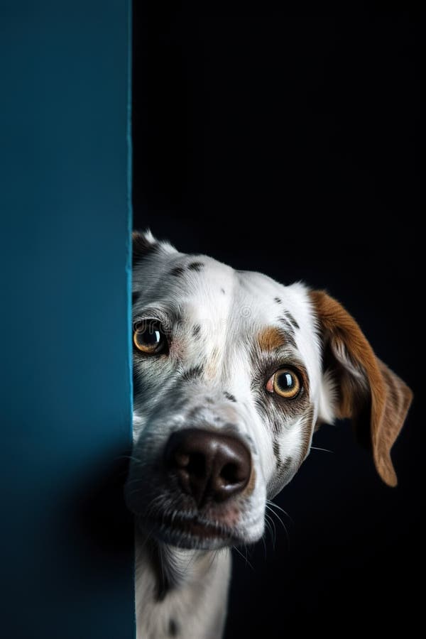Portrait of a Black Dog Looking Out from Behind a Blue Wall. Stock ...